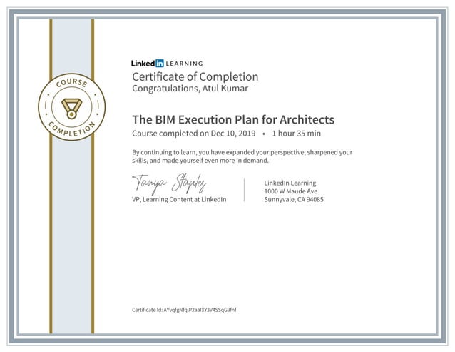 Certificate of Completion the BIM Execution Plan for Architects | PDF