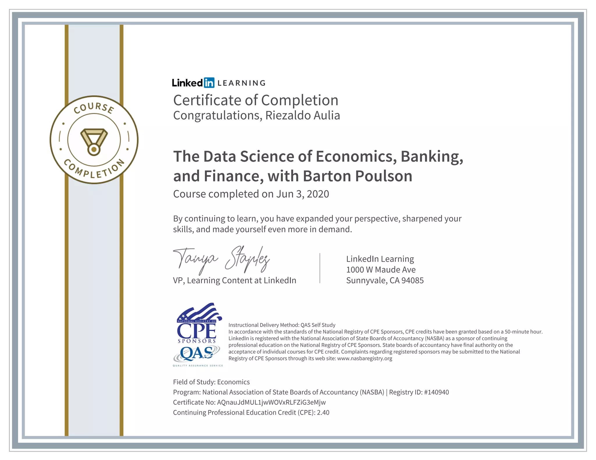 Certificate ofcompletion the data science of economics, banking, and ...