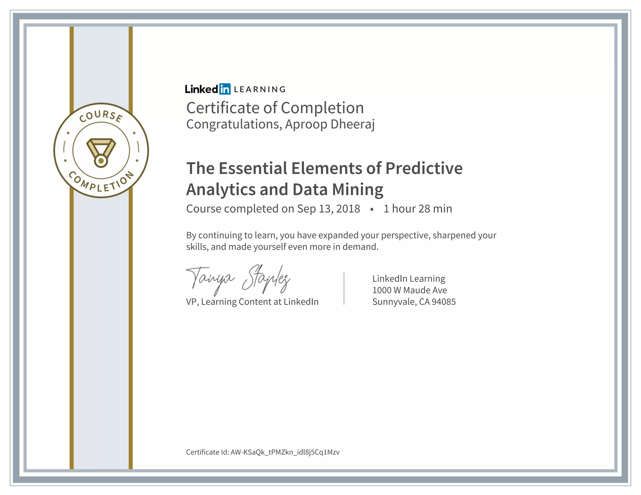 Certificate ofcompletion the essential elements of predictive analytics and data mining | PPT