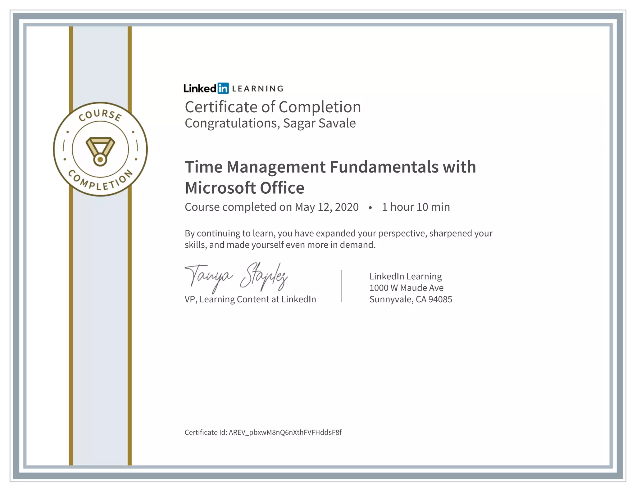 Certificate of completion time management fundamentals with microsoft ...
