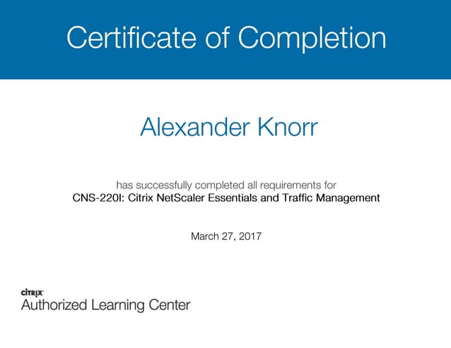 Certificate of completion Citrix Netscaler | PDF