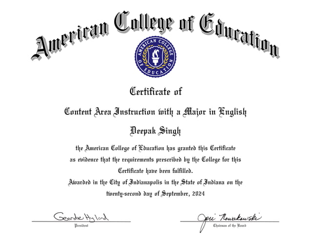 Certificate of Content Area Instruction with a Major in English Deepak ...