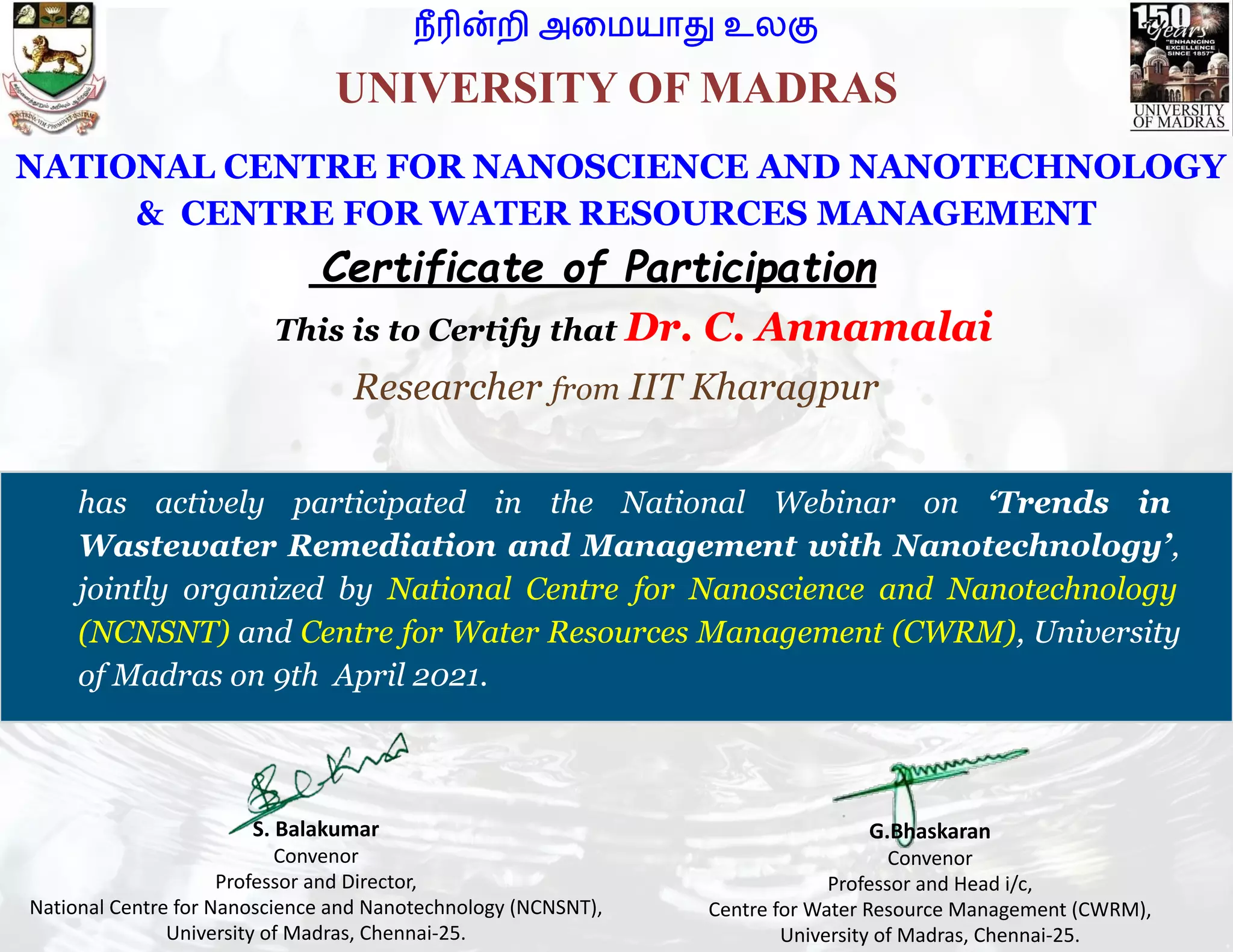 Certificate on Wastewater Remediation and Management with ...