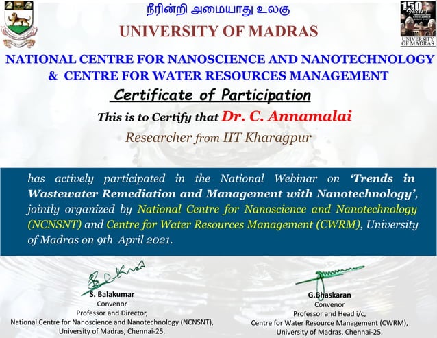 Certificate on Wastewater Remediation and Management with ...