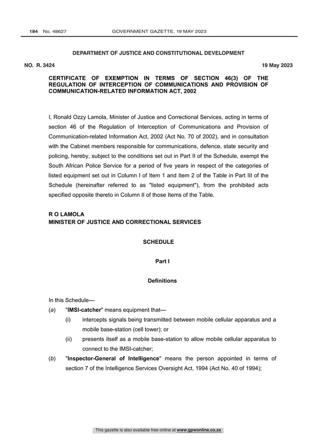 Certificate of exemption in terms of section 46(3) of the regulation of ...