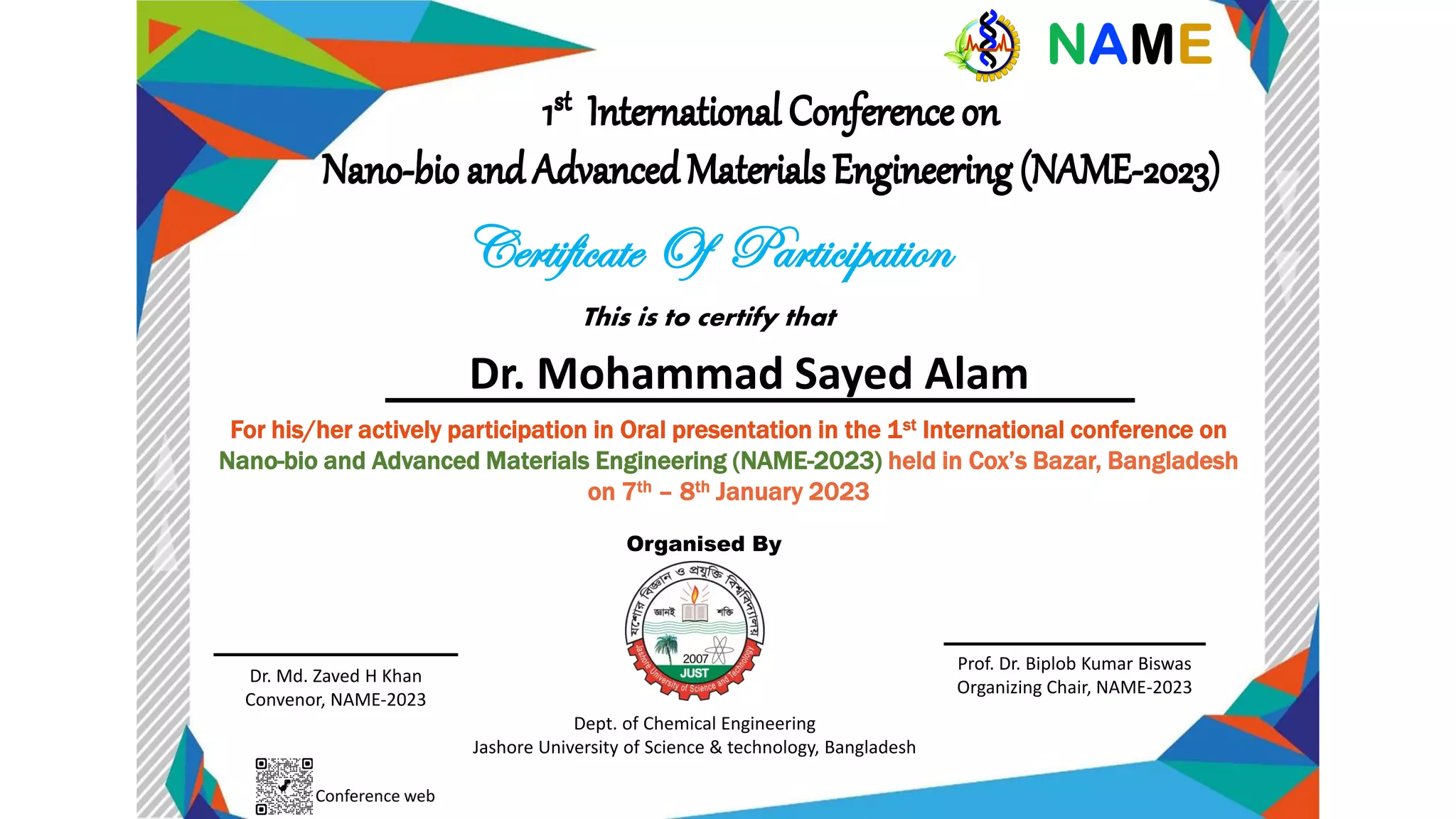 Certificate of participanion at NAME-2023 Conference, Prof. Dr. Mohammad Syed Alam, JnU.pdf