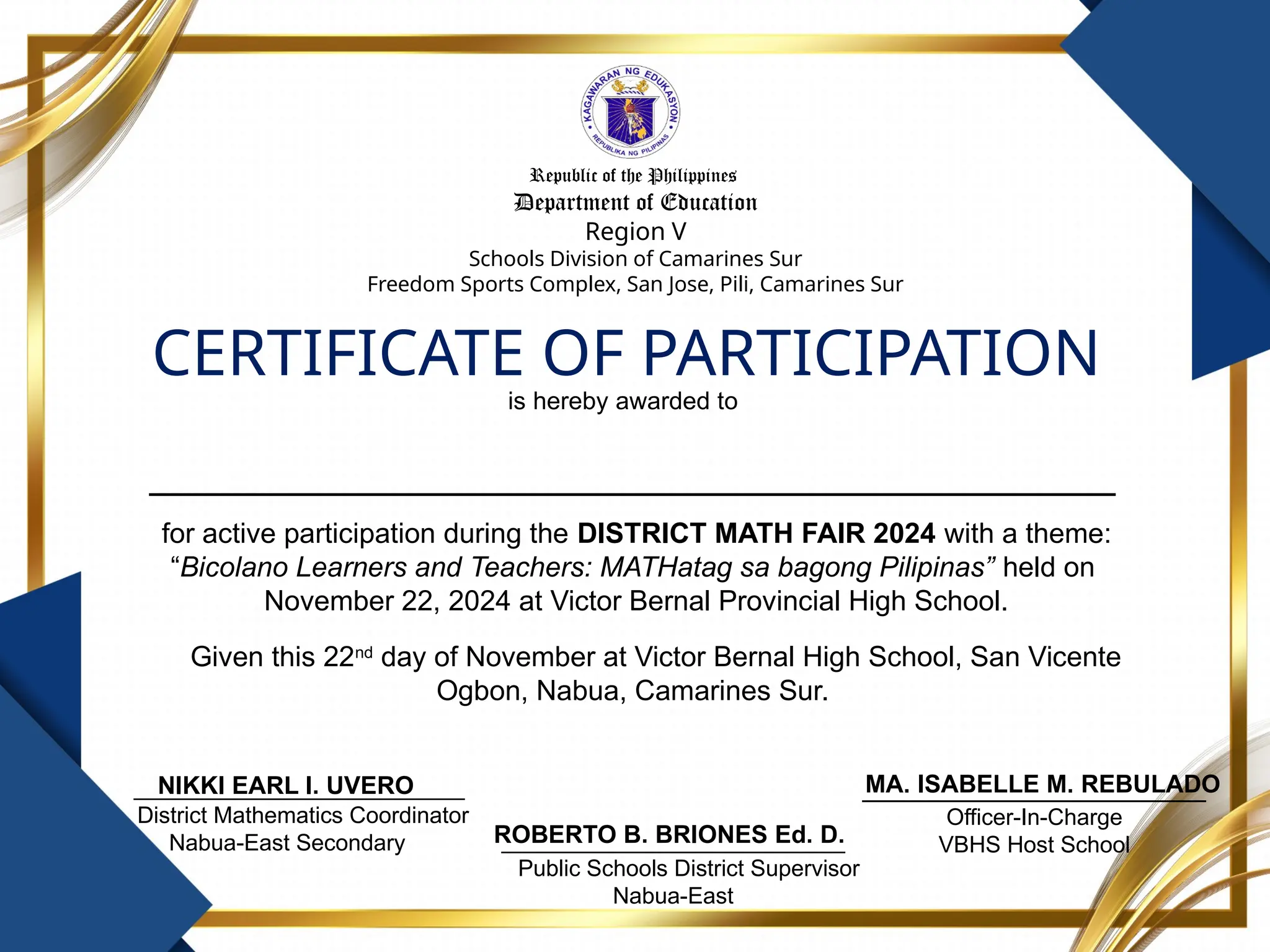Certificate of PARTICIPATION (DISTRICT MATH FAIR).pptx