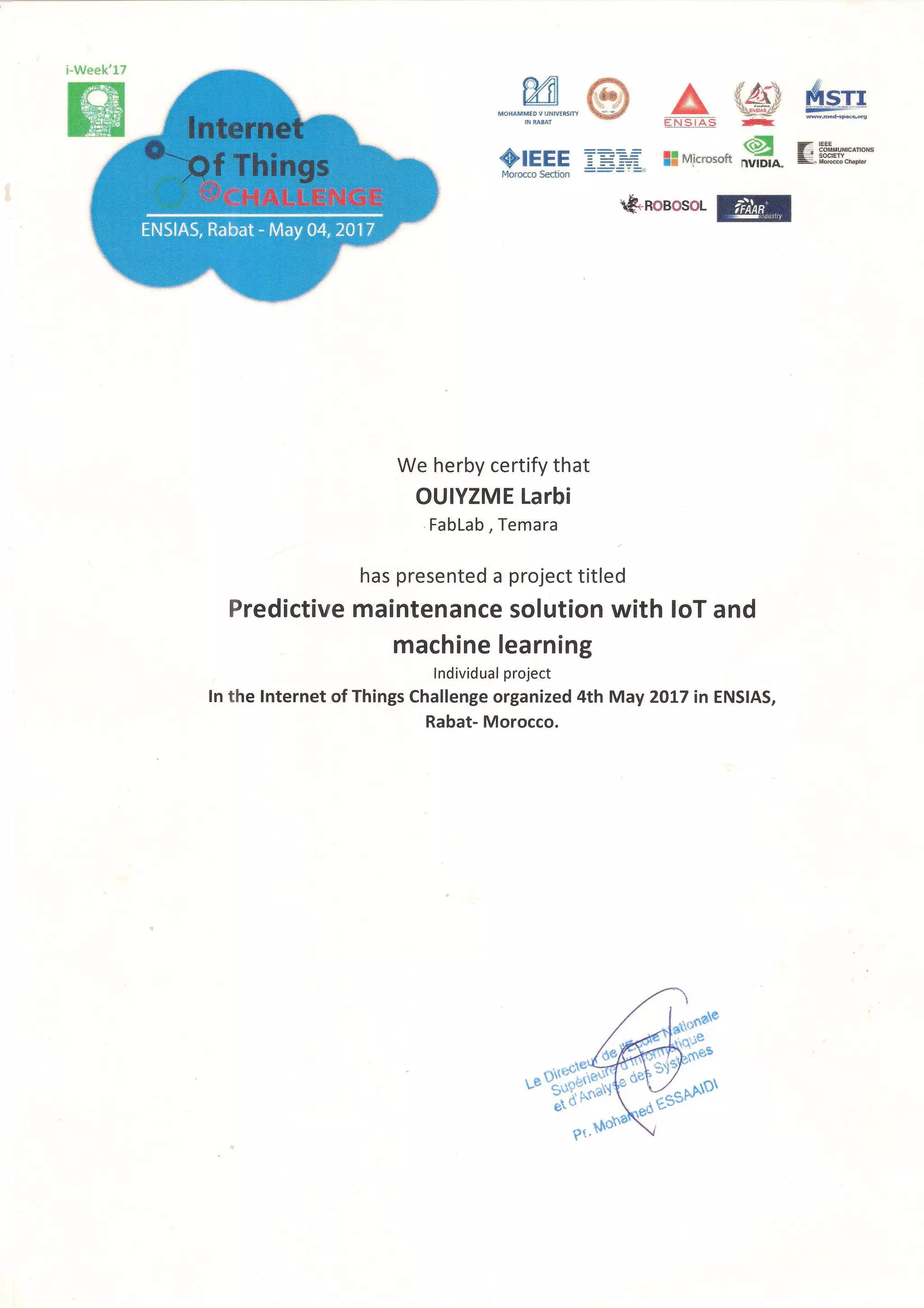 Certificate of participation IoT-challenge ENSIAS Rabat | PDF