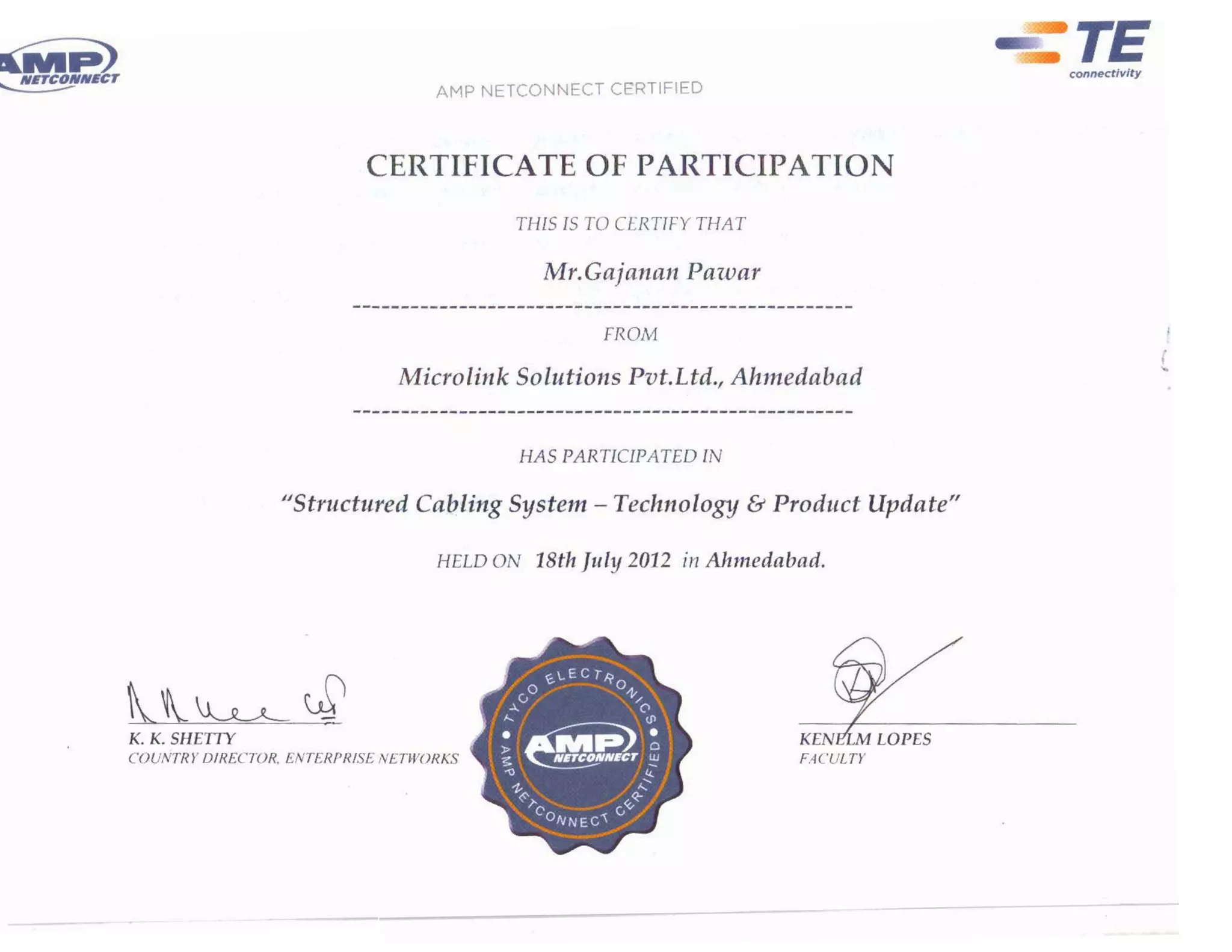 Certificate Of Participation Tyco Electronics Gajanan Pawar | PDF