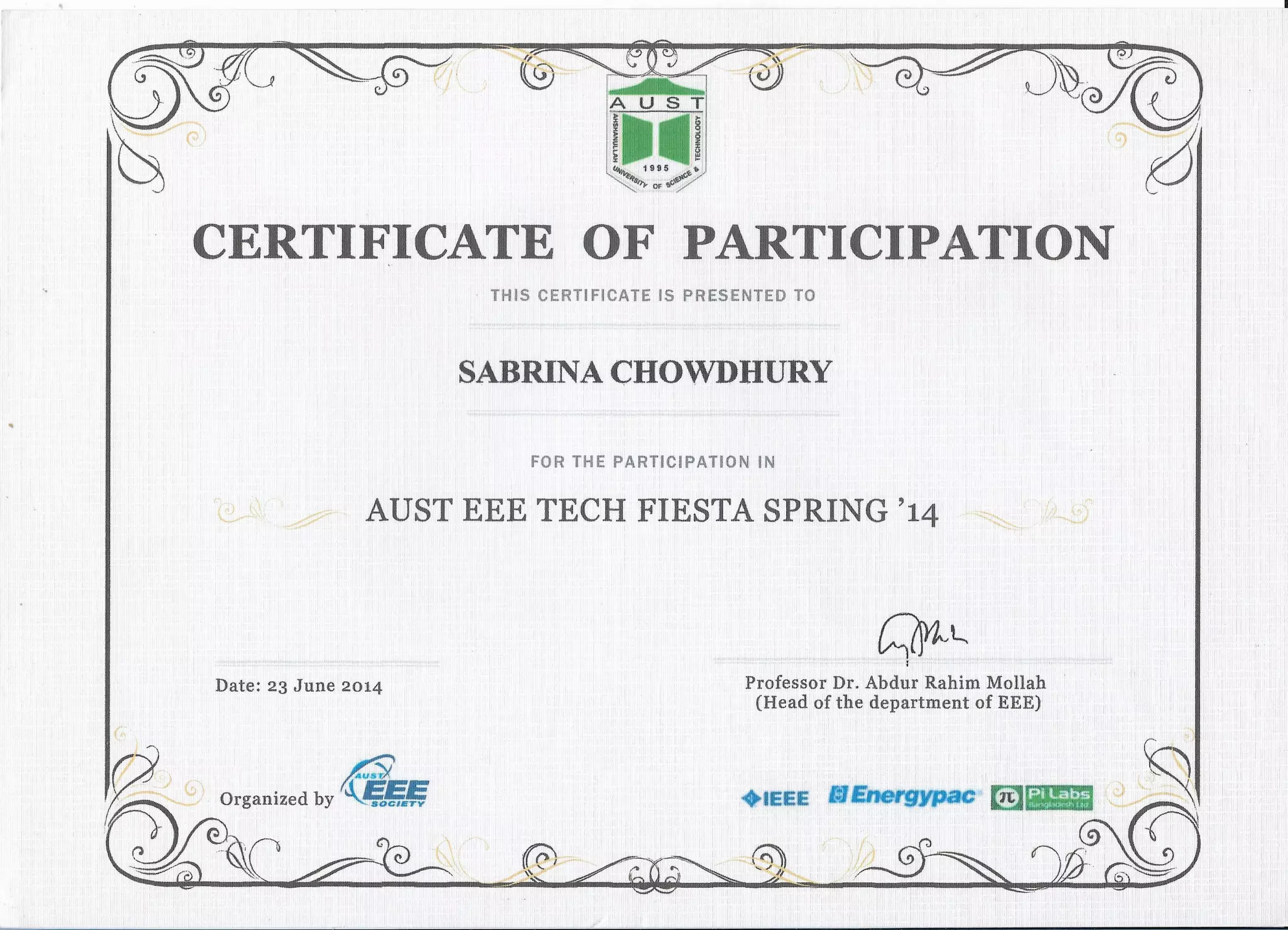 Certificate of participation in tech fiesta spring'14 | PPT