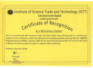 Certificate of Recognition as a Meritorious student of institute of ...