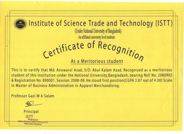 Certificate of Recognition as a Meritorious student of institute of ...