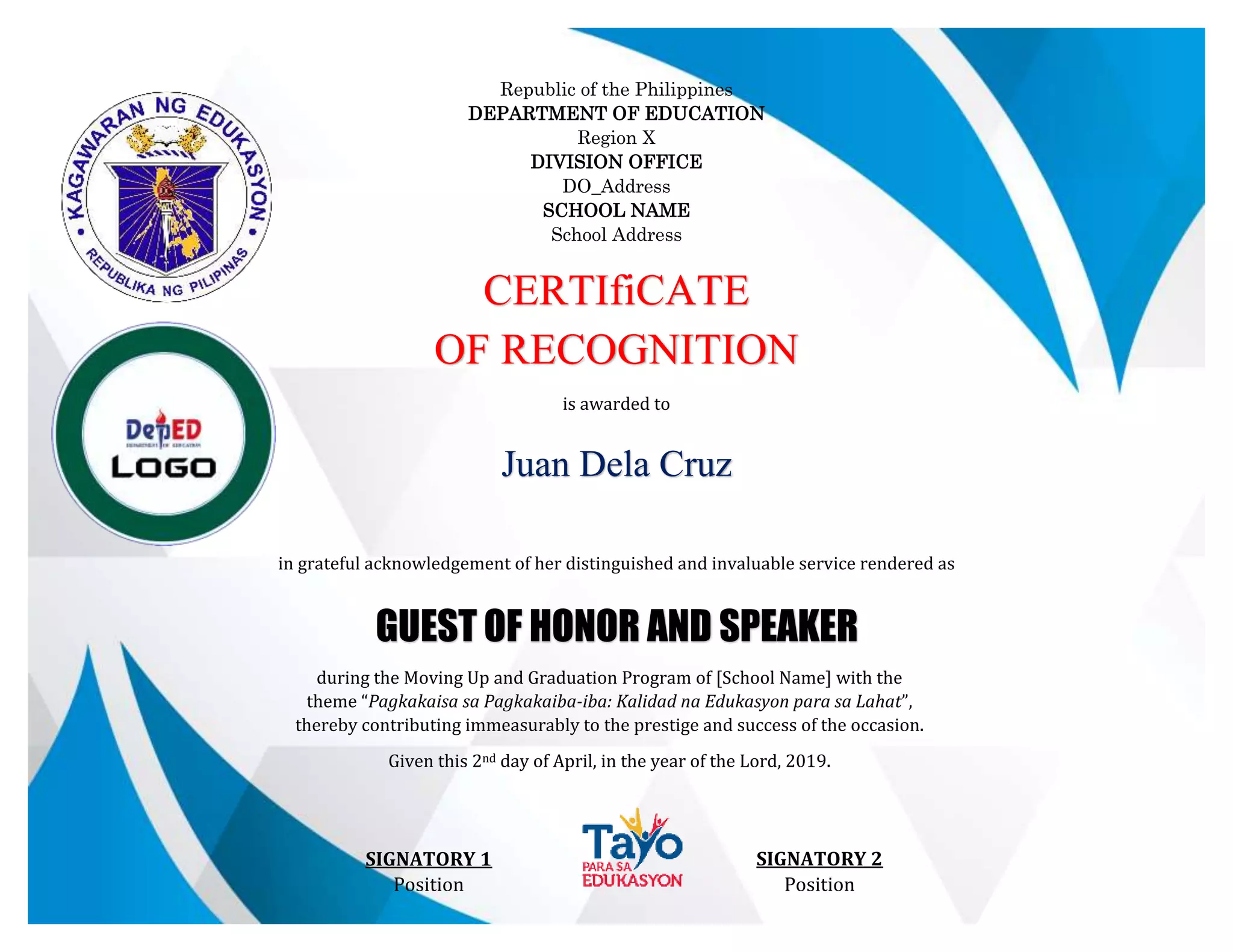 Certificate of Recognition for Guest of Honor and Speaker Template 2 (1 ...