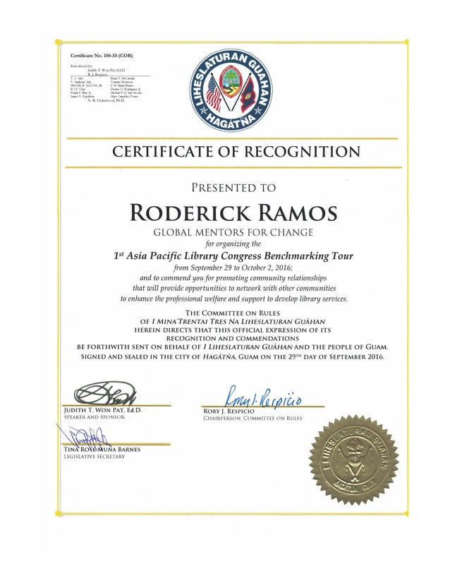Registered Certificate of Recognition from Guam Legislature | PDF