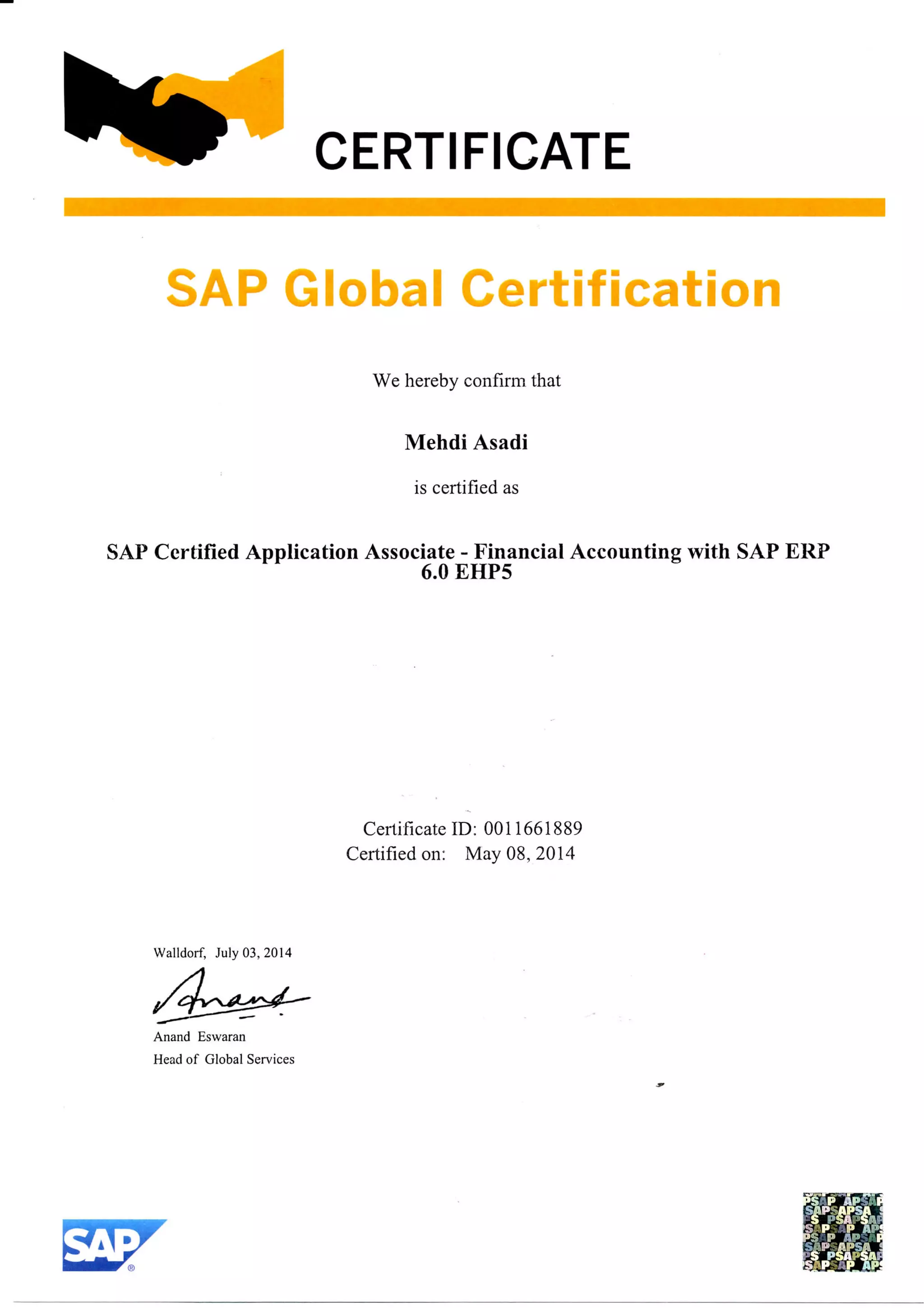 Certificate of sap (financial accounting erp) | PDF