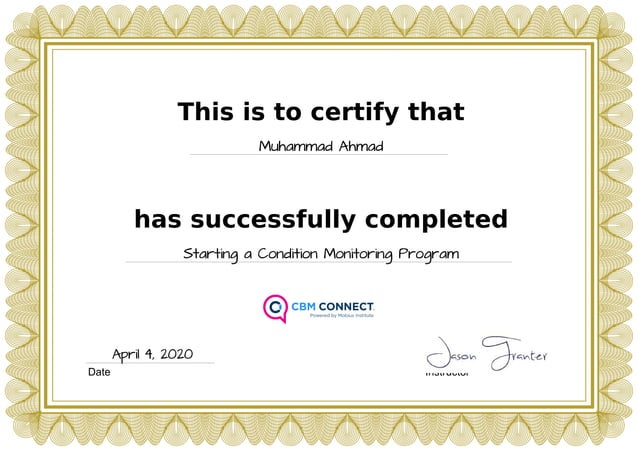 Certificate of Completion “Starting a Condition Monitoring Program by Jason Tranter"” | PDF