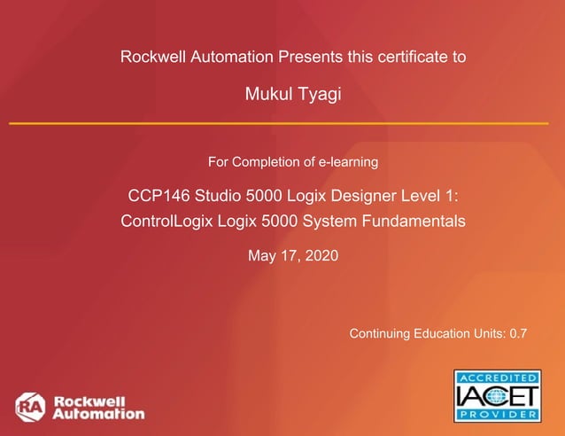 Course: CCP146 Studio 5000 Logix Designer Level 1: ControlLogix Logix ...
