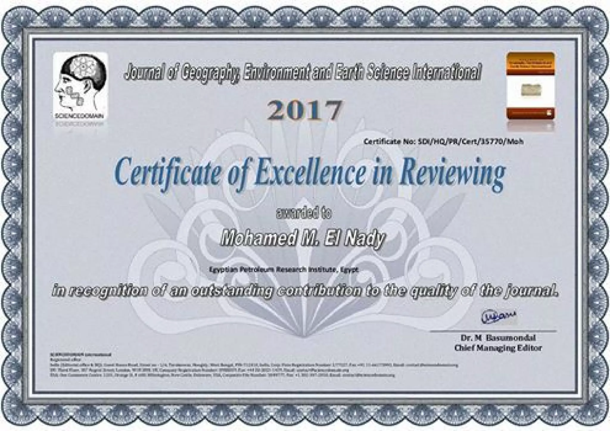 Mohamed M. El Nady Certificates journal of geography, environment and ...