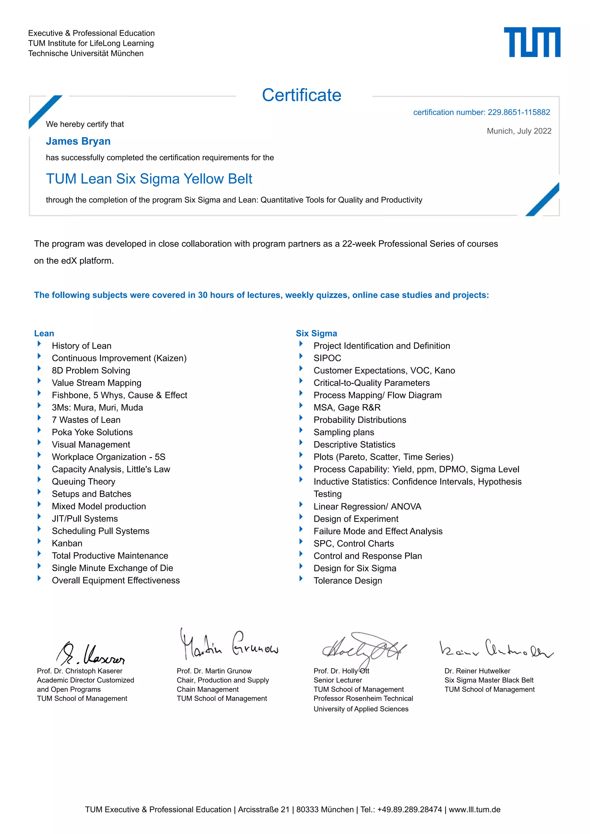 Certificate TUM Lean Six Sigma Yellow Belt | PDF