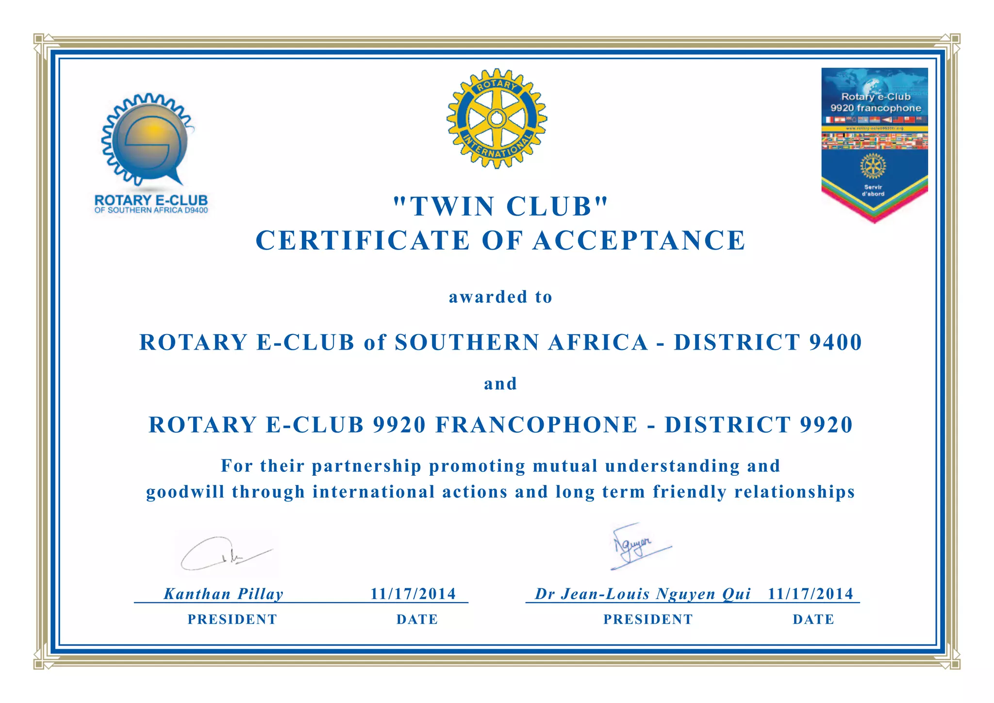 Certificate twin clubs rotary e club of southern africa d9400 | PPT