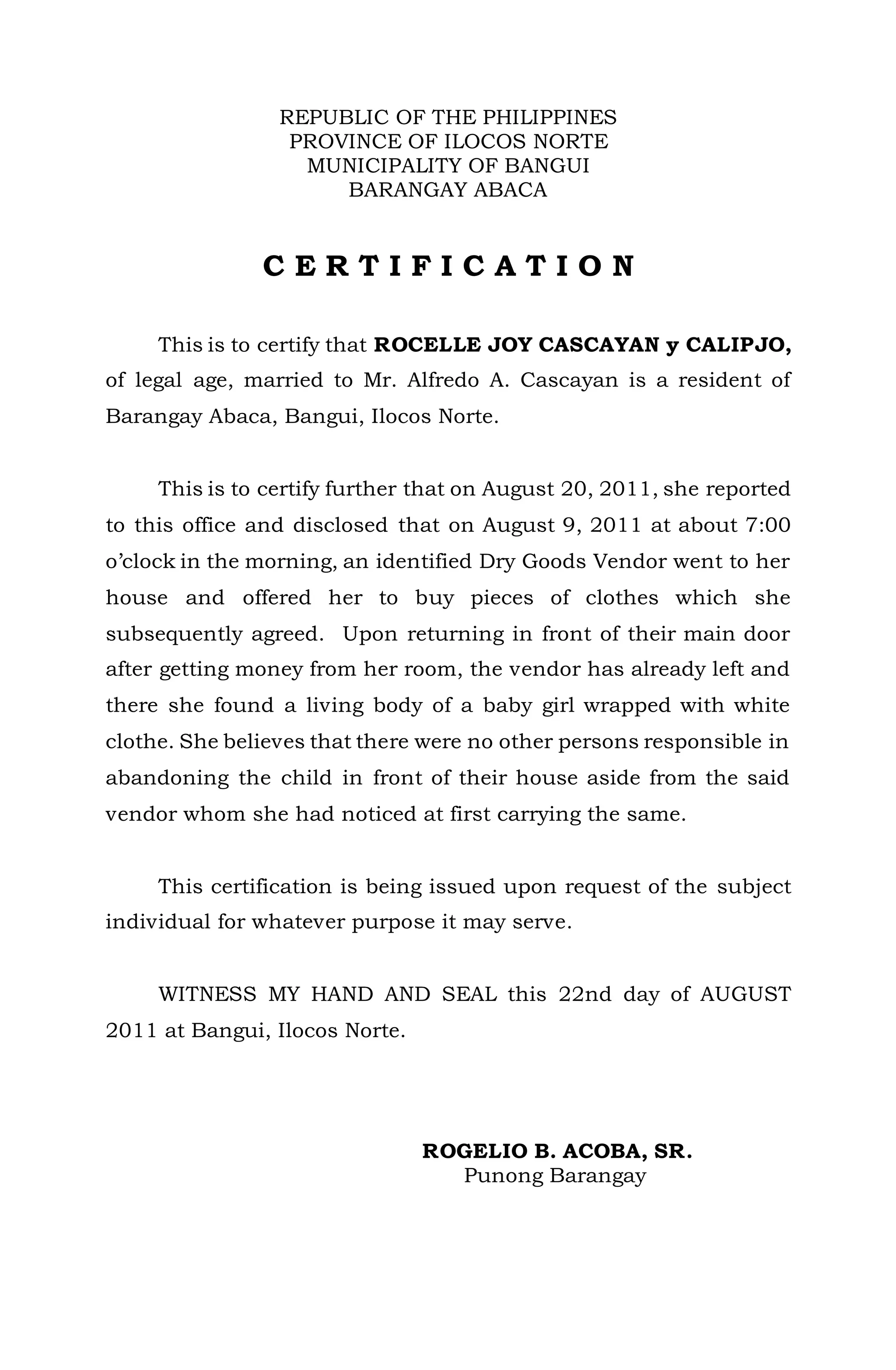 Certification barangay captain | DOCX