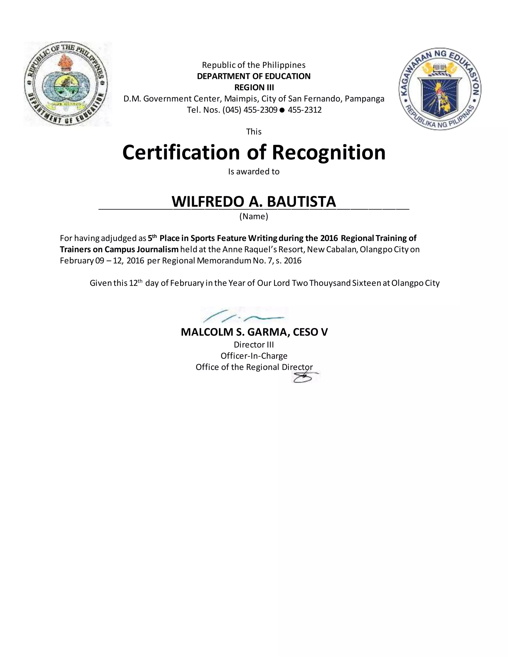 Certification of recognition | DOCX