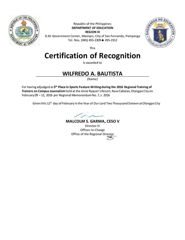Certification of recognition | DOCX | Education