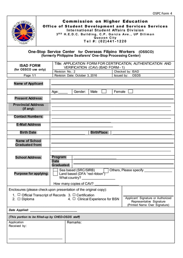 Certification, authentication and verification (cav) application form ...