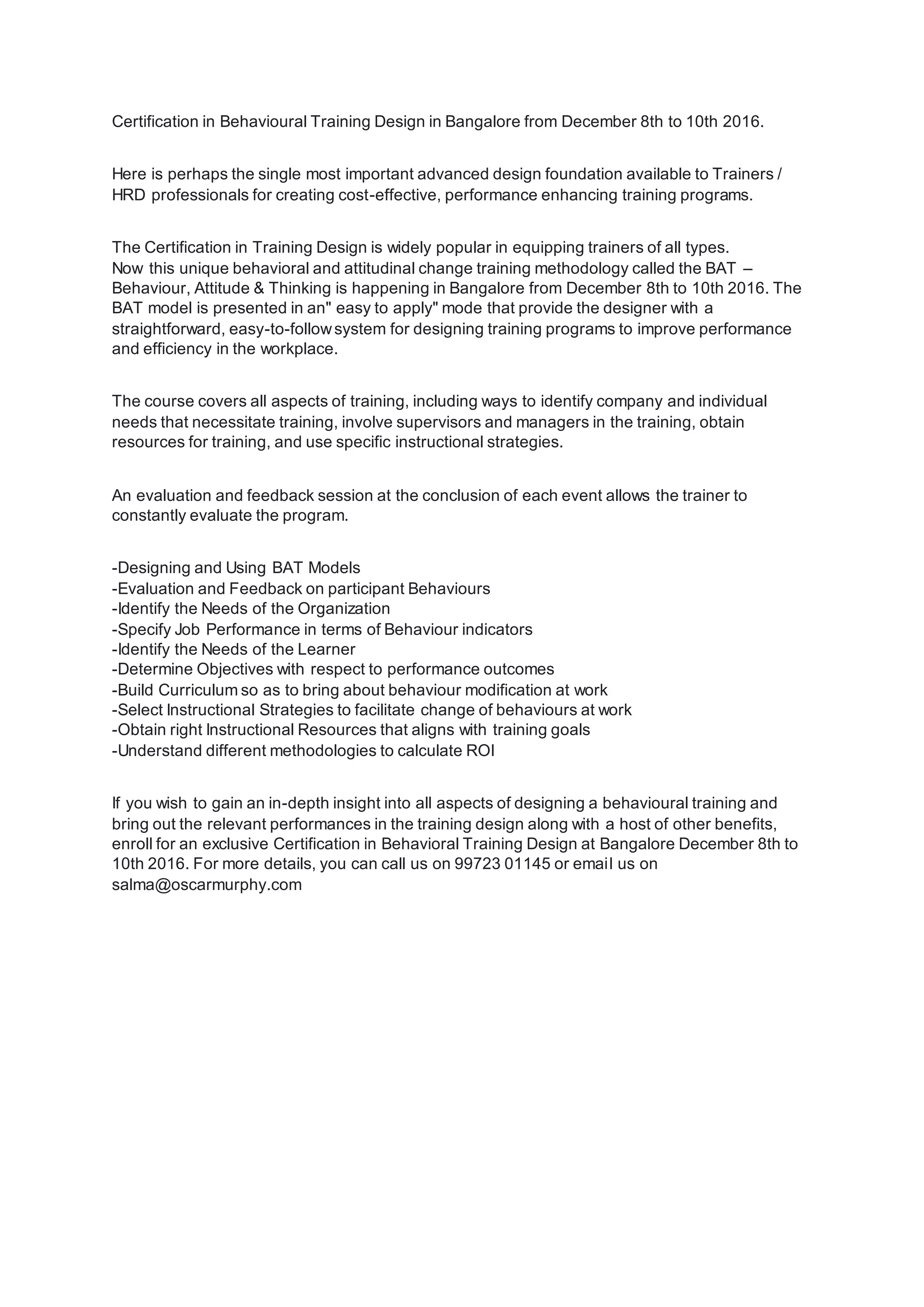 Certification in behavioural training design | DOCX