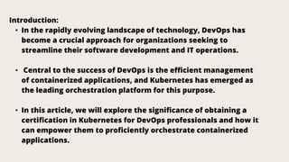 Certification in Kubernetes for DevOps Professionals Orchestrating ...