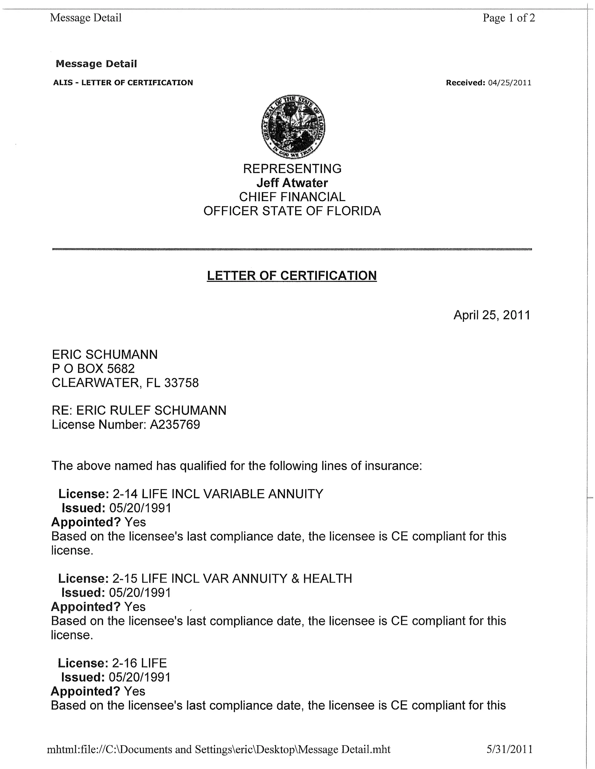 Certification Letter Eric Schumann | PDF