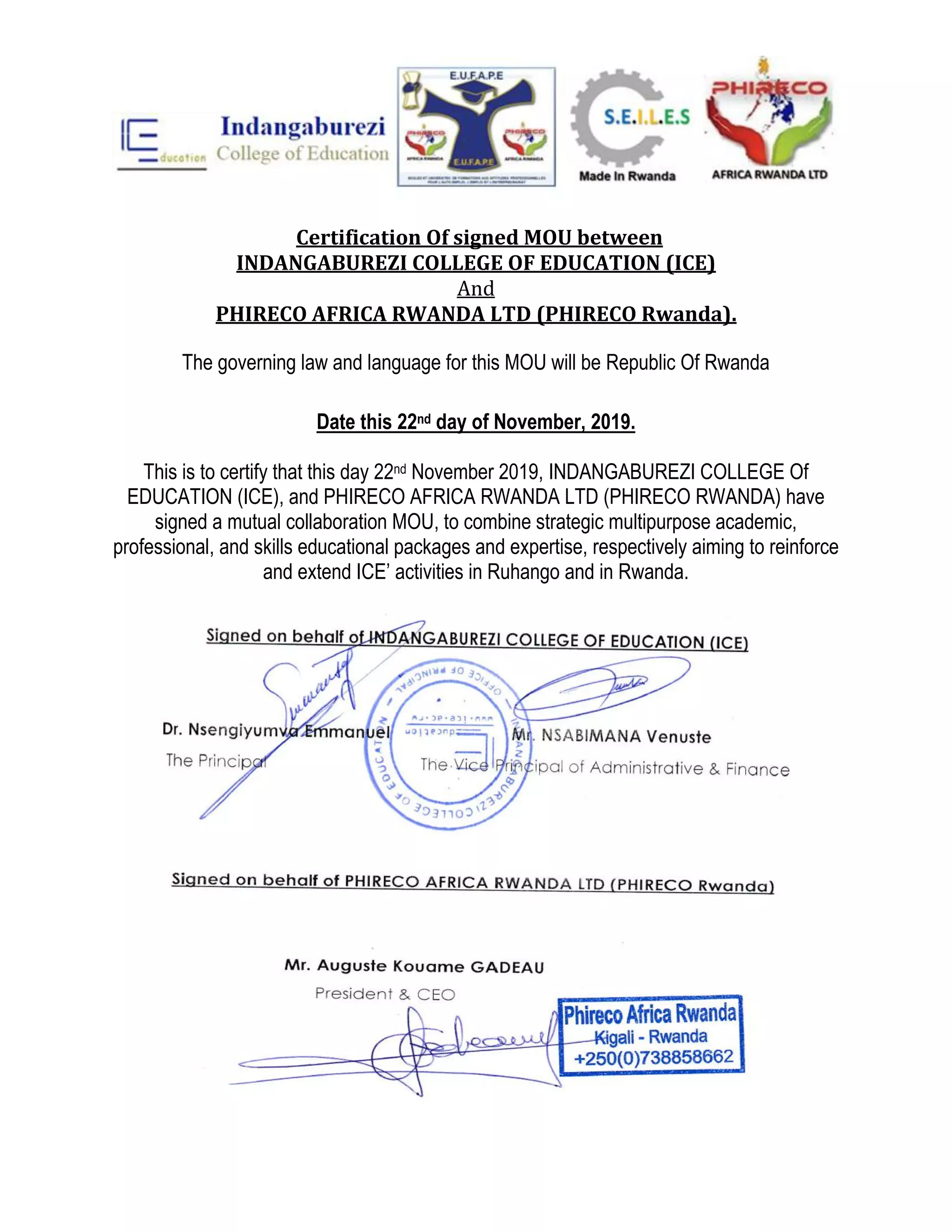 CERTIFICATION MOU ICE RUHANGO AND PHIRECO RWANDA | PDF