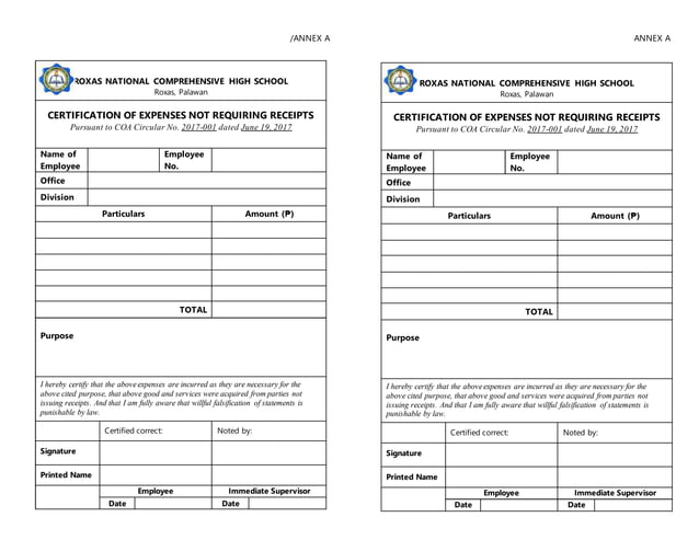 CERTIFICATION OF EXPENSES NOT REQUIRING RECEIPTS | DOCX | Business Accounting & Finance | Business