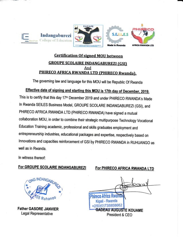 CERTIFICATION OF MOU BETWEEN GSI AND PHIRECO RWANDA | PDF