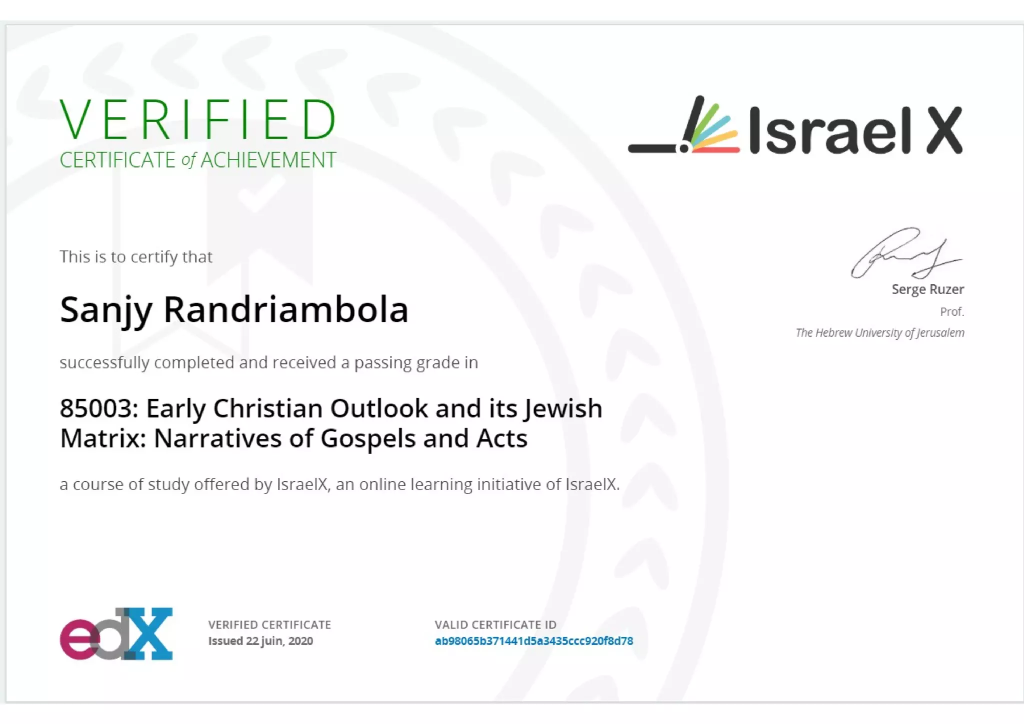 MOOC Certificate "Early Christian Outlook and its Jewish Matrix ...