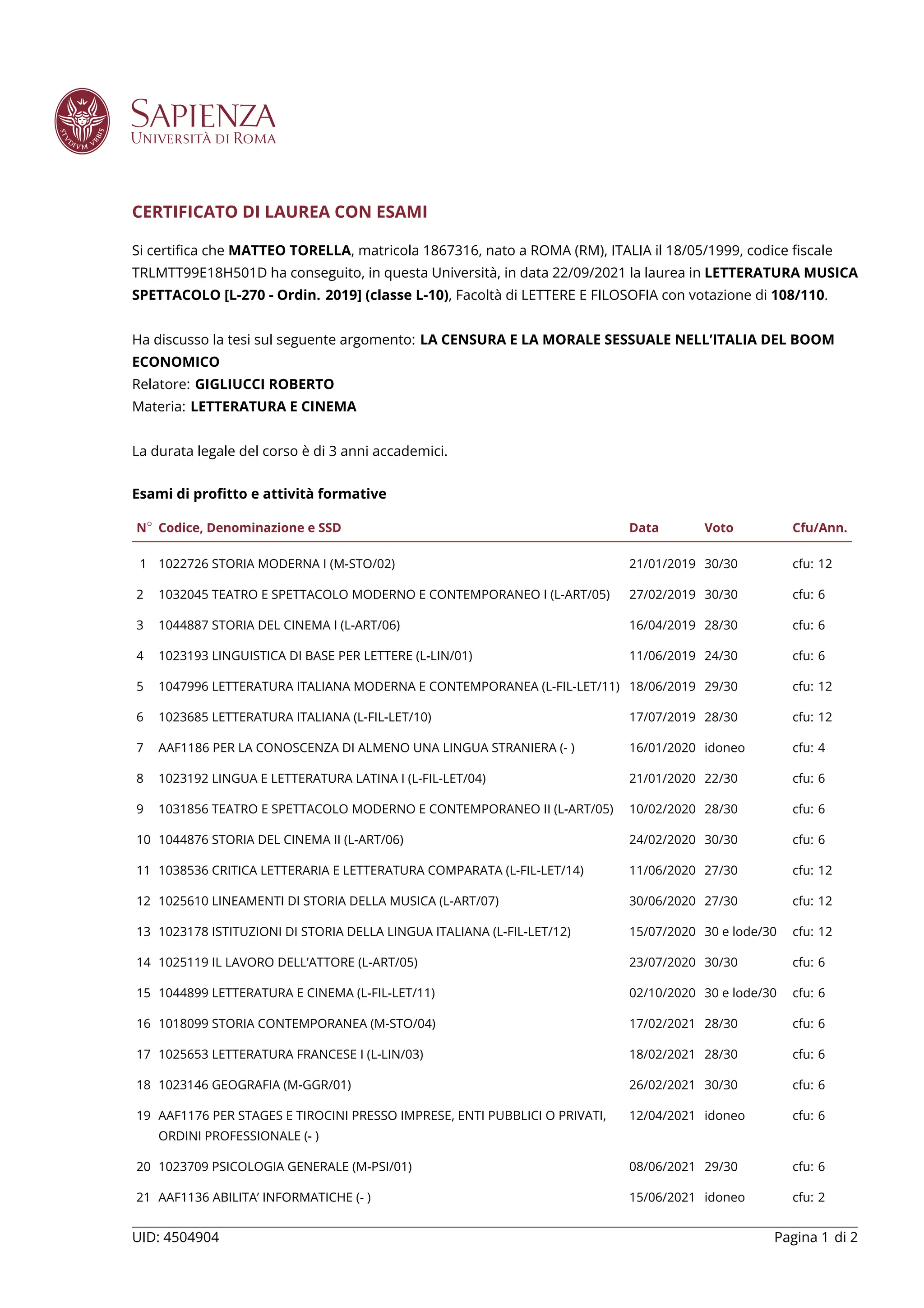 Certificato di laurea con esami e voto finale .pdf