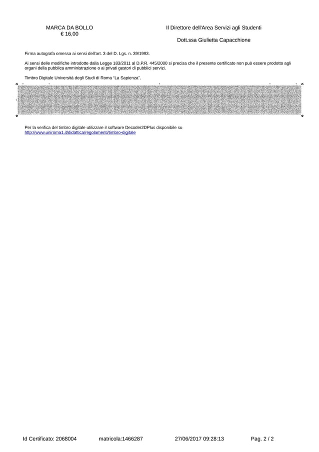 Certificato esami - La Sapienza | PDF