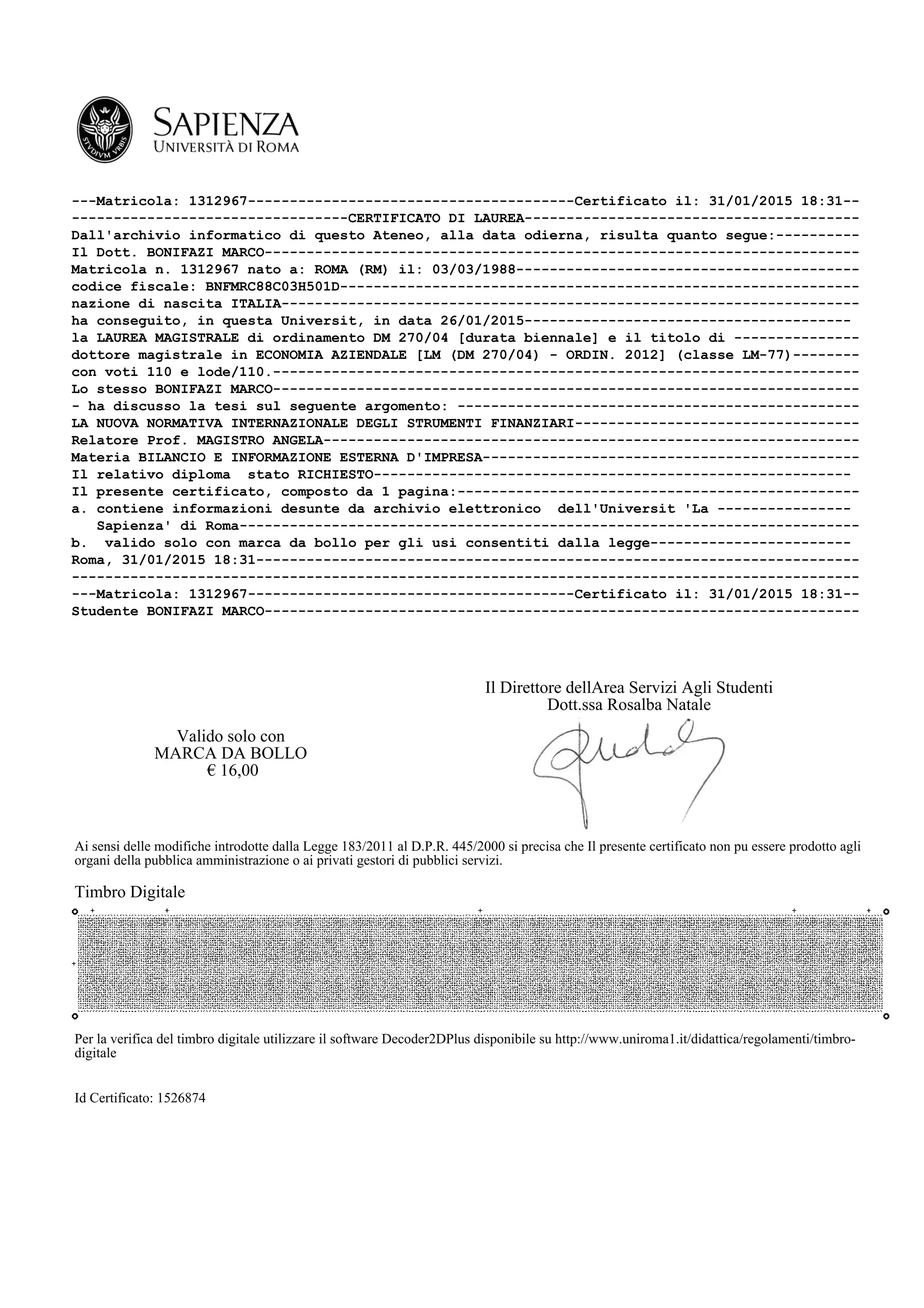 Certificato laurea magistrale | PDF