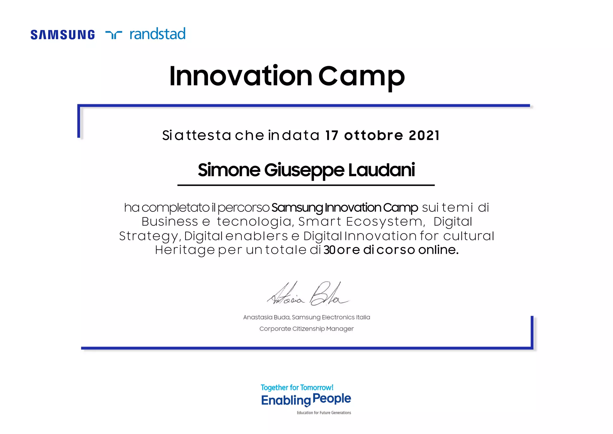 CertificatoSamsungInnovation_Camp2021_Simone Laudanipdf | PDF