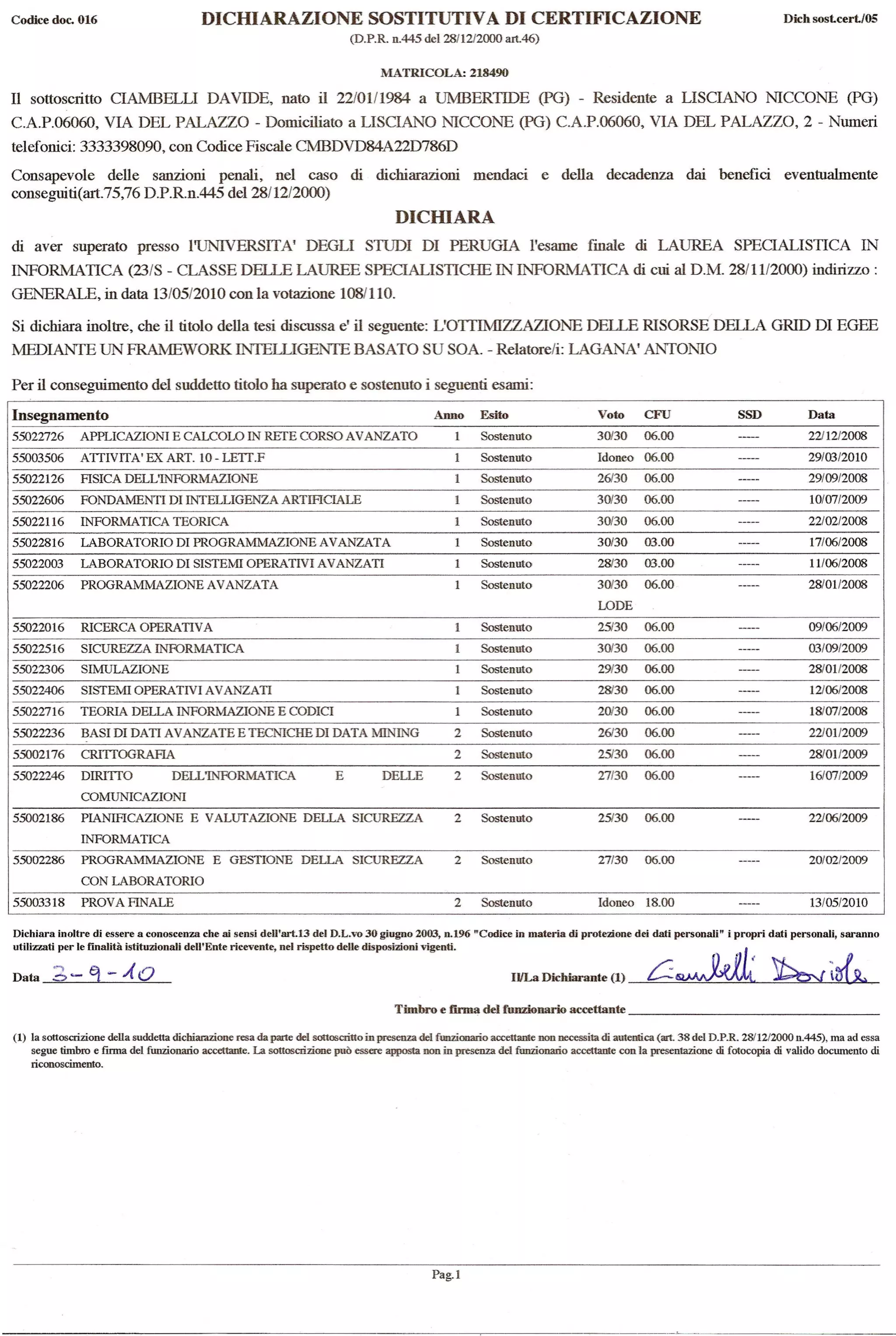 Certificazione esami specialistica | PDF