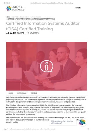 Certified information systems auditor (cisa) certified training - Adams ...