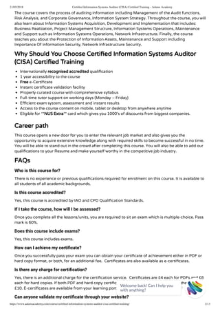 Certified information systems auditor (cisa) certified training - Adams Academy | PDF