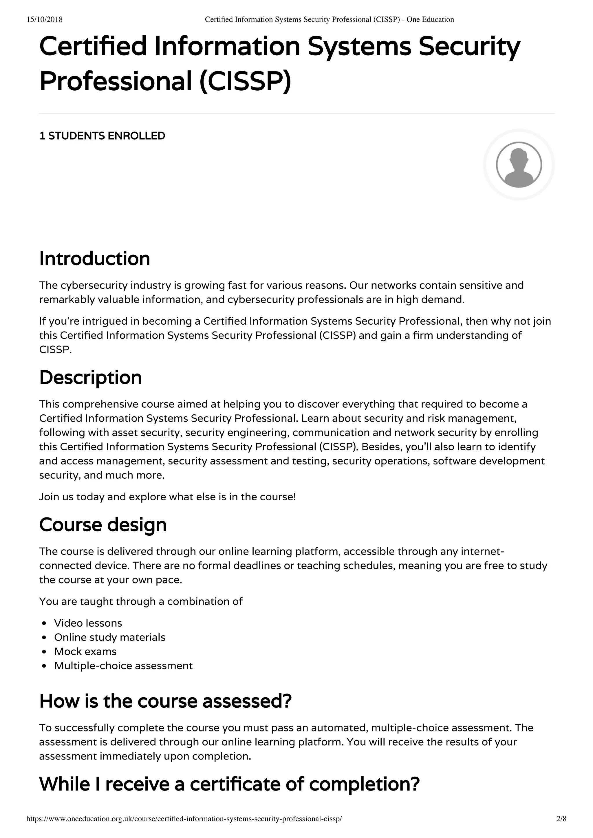 Certified Information Systems Security Professional (CISSP) - One Education | PDF