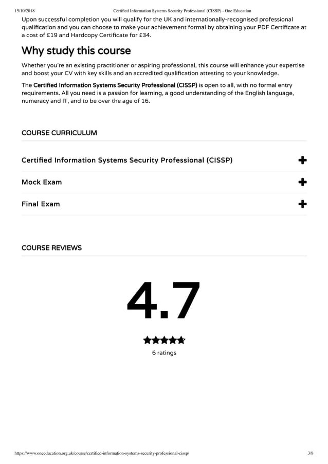 Certified Information Systems Security Professional (CISSP) - One Education | PDF