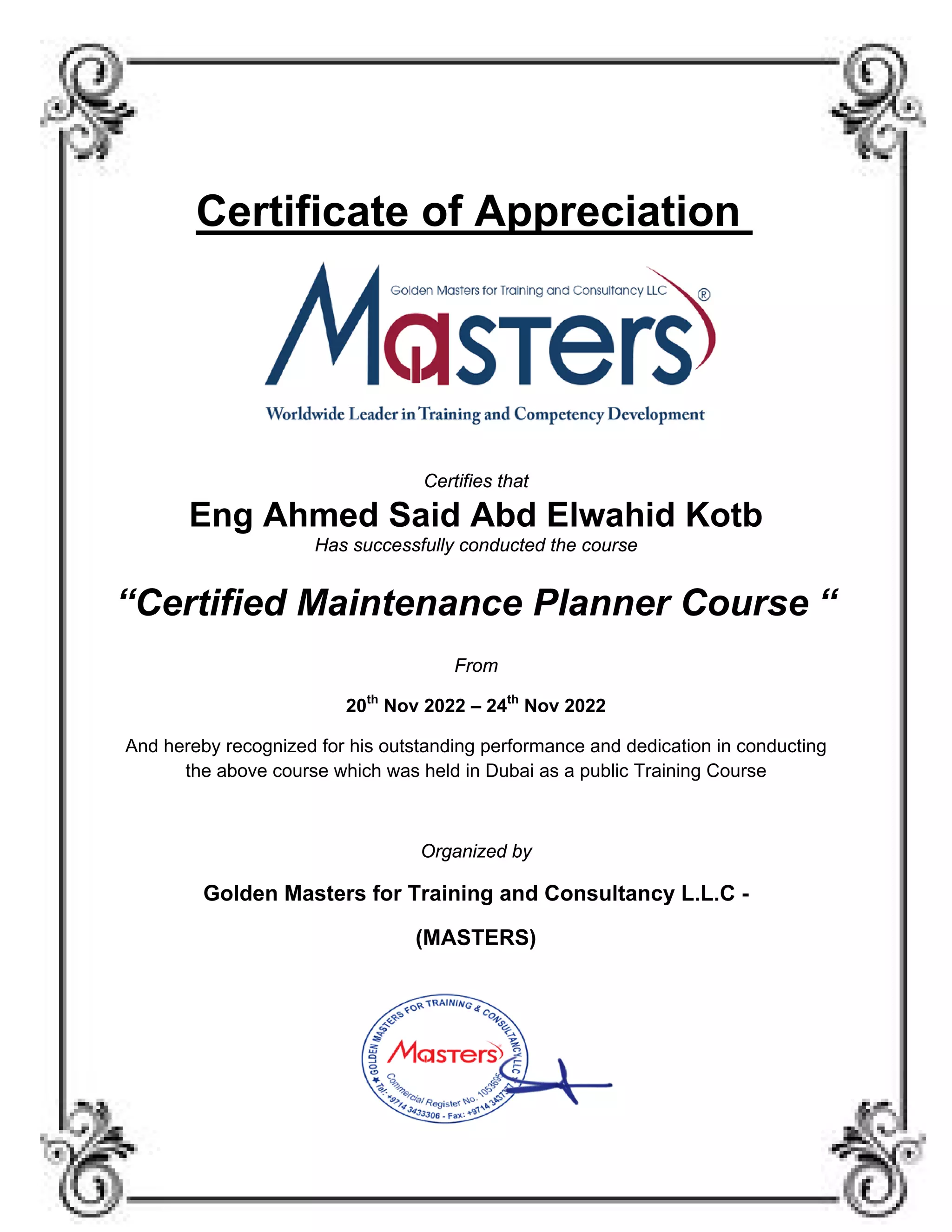 Certificate of Appreciation for conducting the "Certified Maintenance ...
