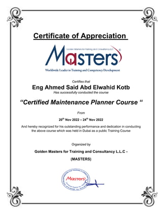 Certificate of Appreciation for conducting the "Certified Maintenance ...