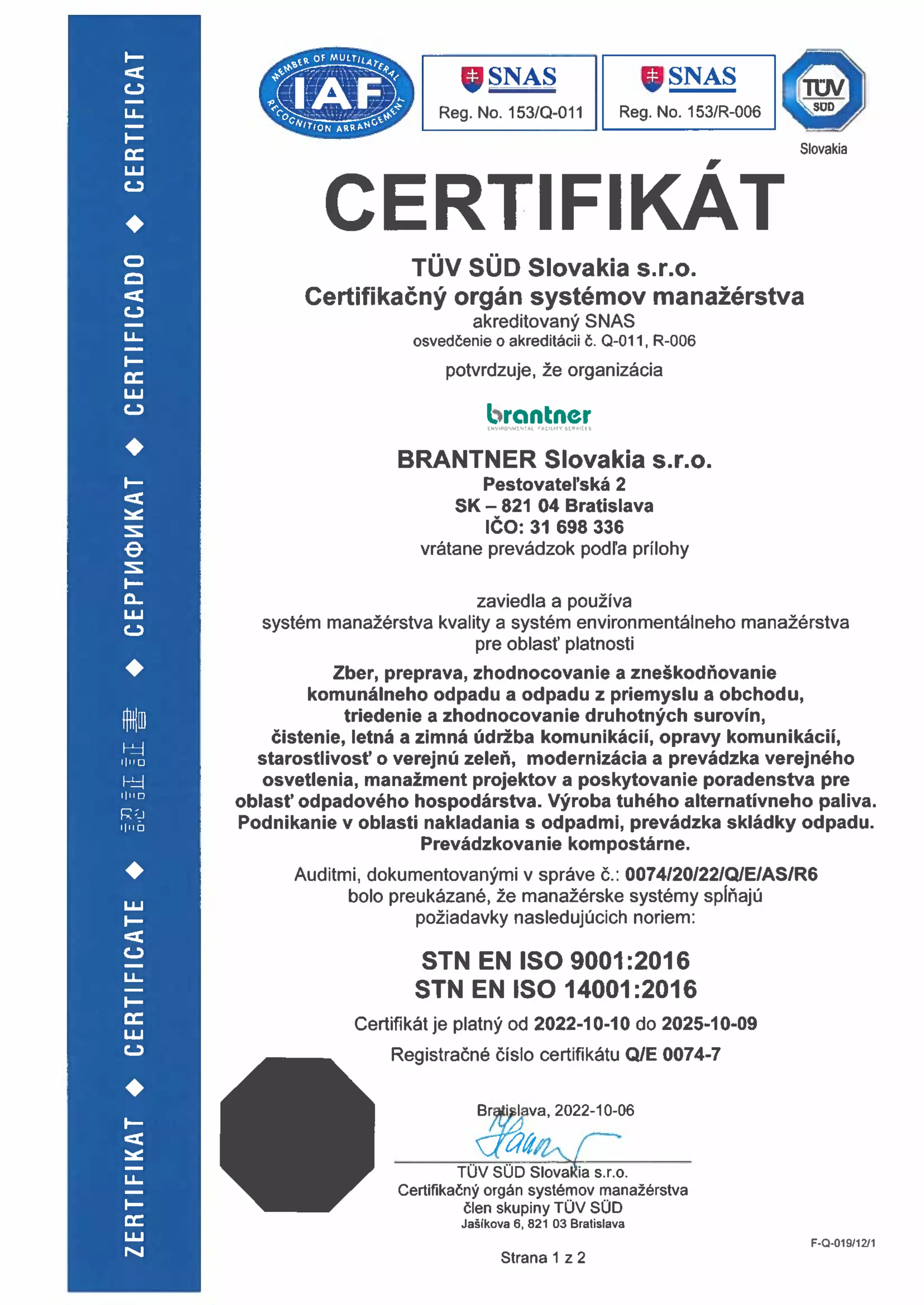 Certifikát ISO 9001 a 14001 do 2025 | PDF
