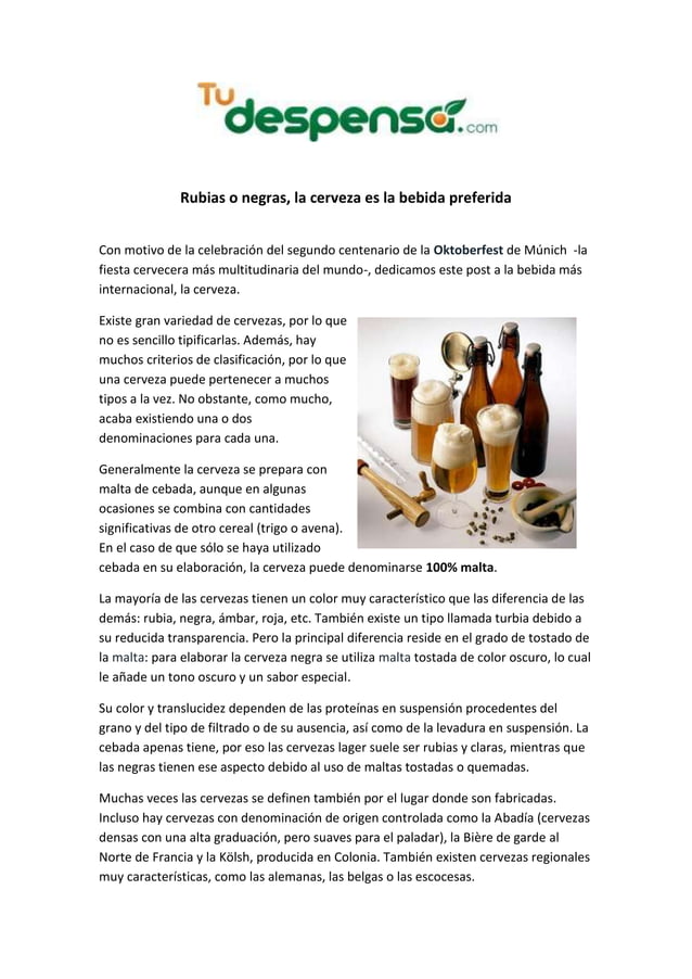 La cerveza: tipos y propiedades nutricionales | DOCX | Alcoholic Beverages | Food & Drink