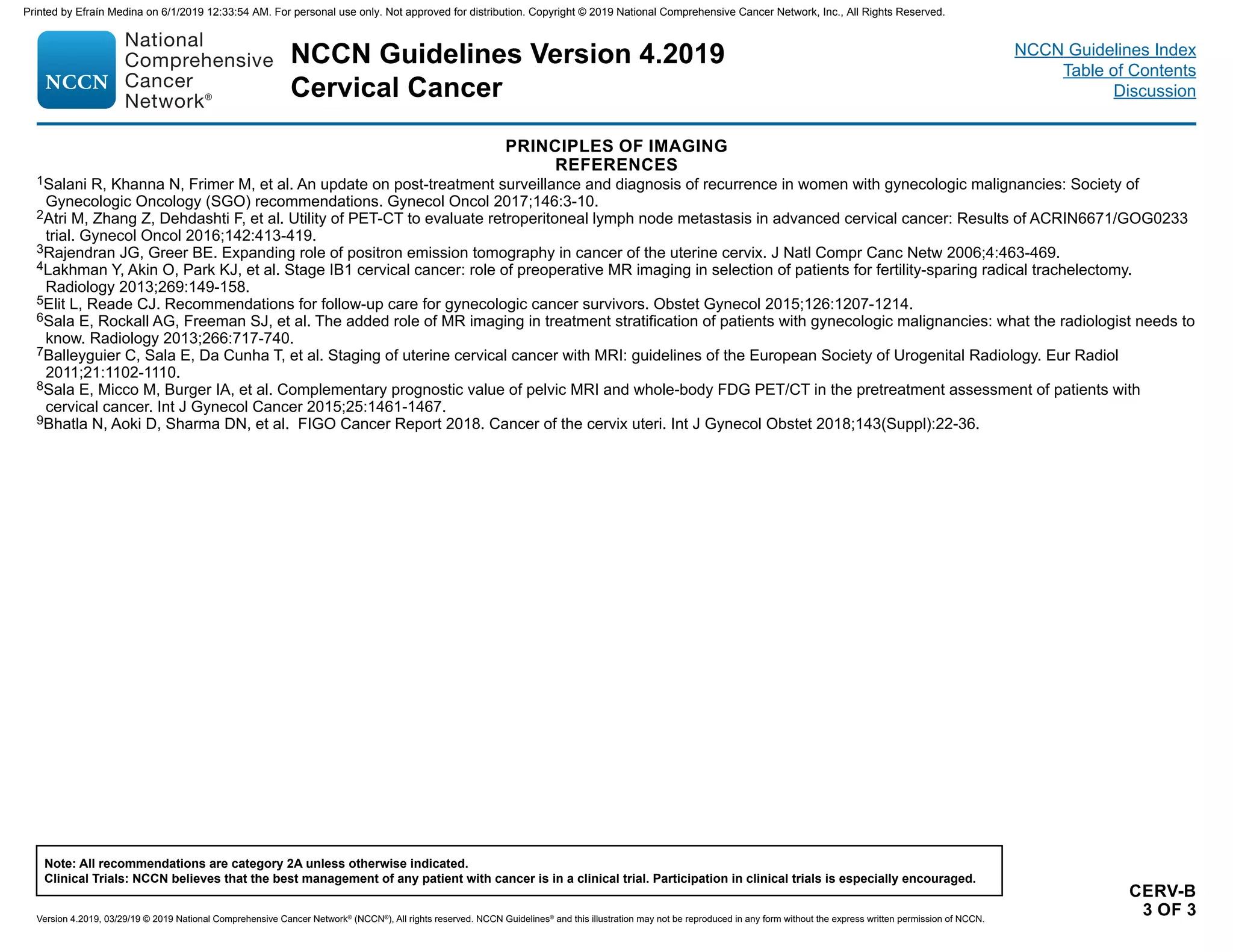 Cáncer cérvicouterino, Guia NCCN 2019. | PDF
