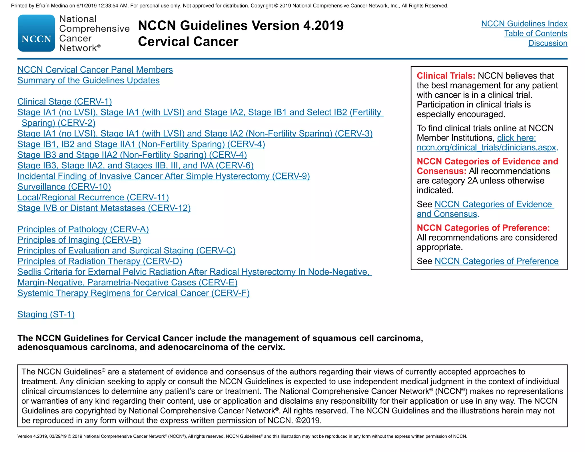 Cáncer cérvicouterino, Guia NCCN 2019. | PDF